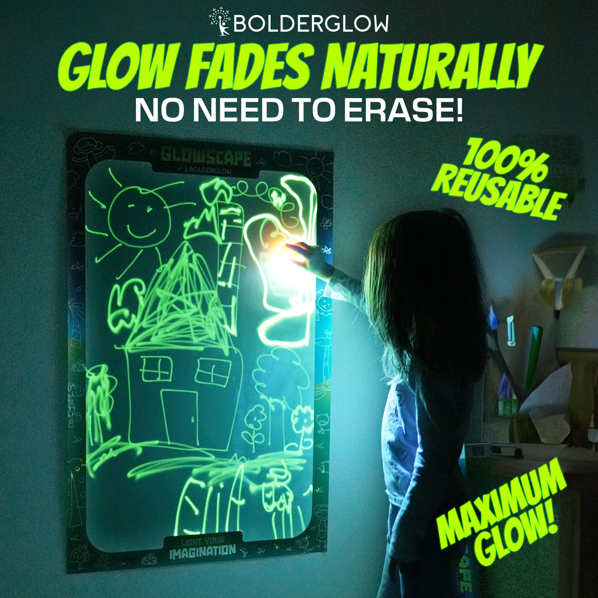 GlowScape™ 24x36" Glow-in-Dark Drawing Surface Kit | 2 Pens + Stencil ...